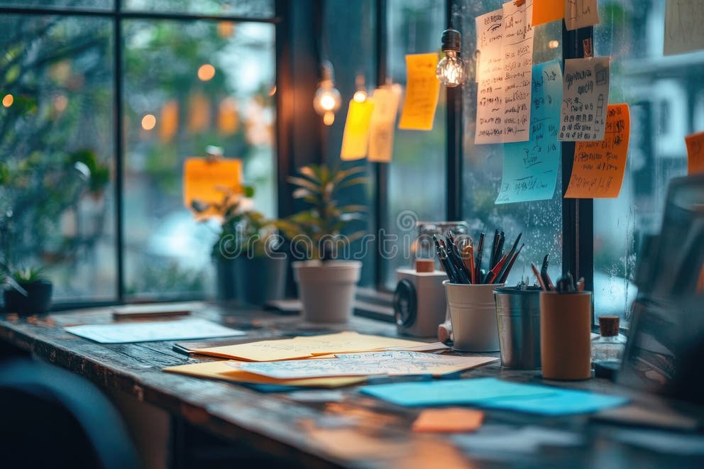 Cozy Workspace with Sticky Notes and Plants by Rainy Window Stock ...
