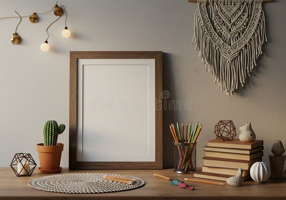 Cozy Workspace Still Life with Macrame, Cactus, and Blank Frame Stock ...