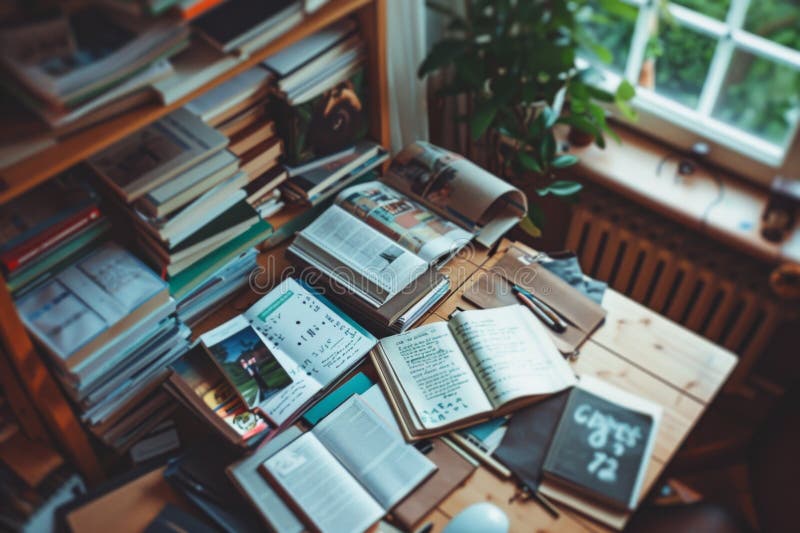 Cozy Workspace with Study Materials and Open Books Stock Image - Image ...
