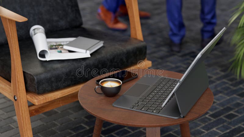 A Cozy Workspace with a Tablet, Coffee, Smartphone, and Notebook on a ...
