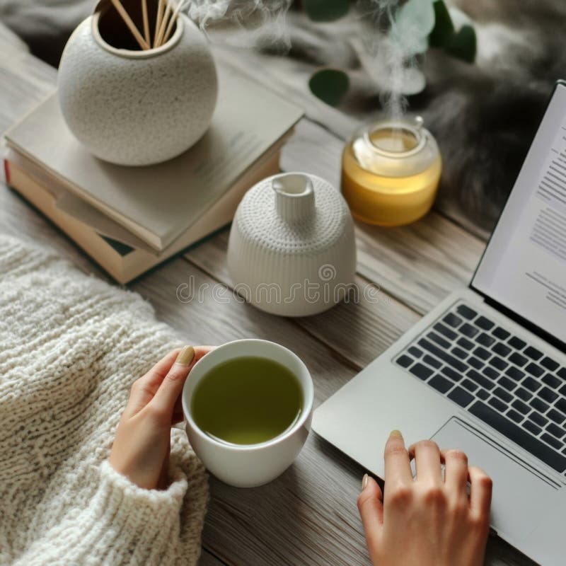 A Cozy Workspace with Tea, a Laptop, and Decorative Elements Stock ...