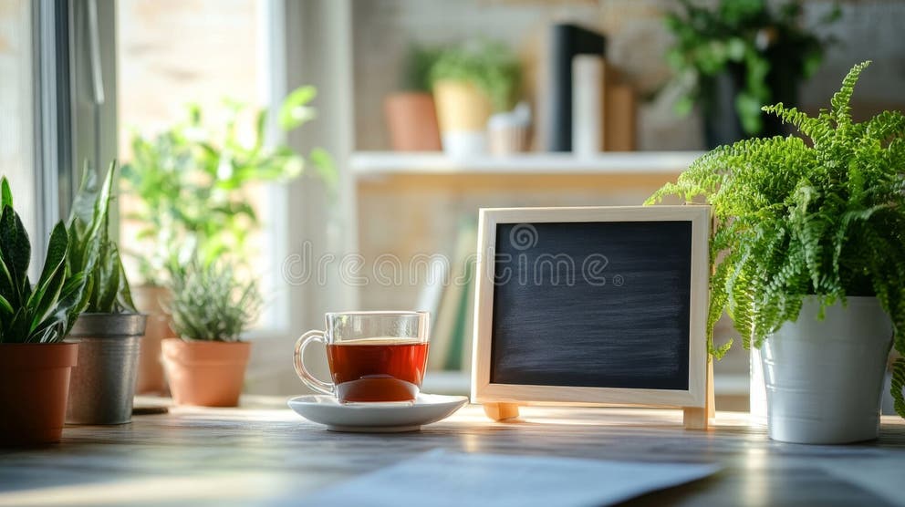 Cozy Workspace with Tea, Plants, and a Blank Blackboard for Notes Stock ...