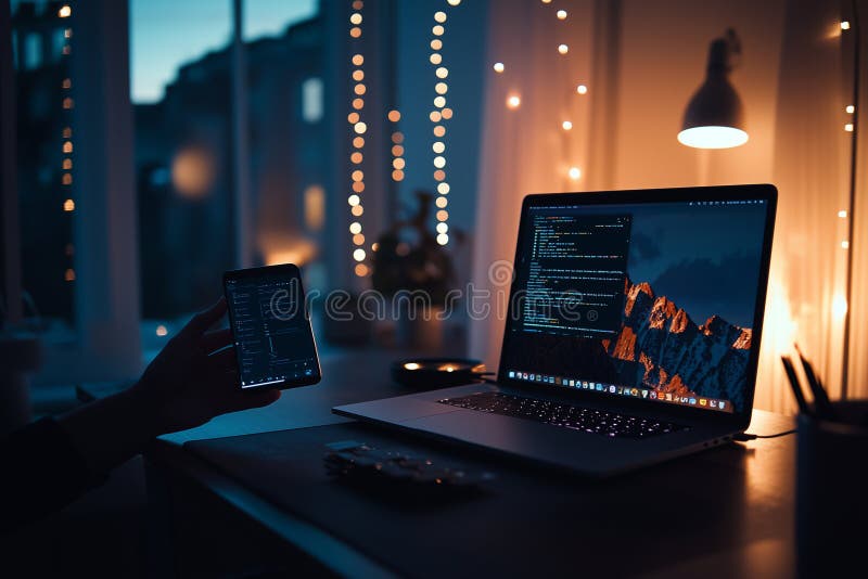 Cozy Workspace with Technology at Night Stock Illustration ...