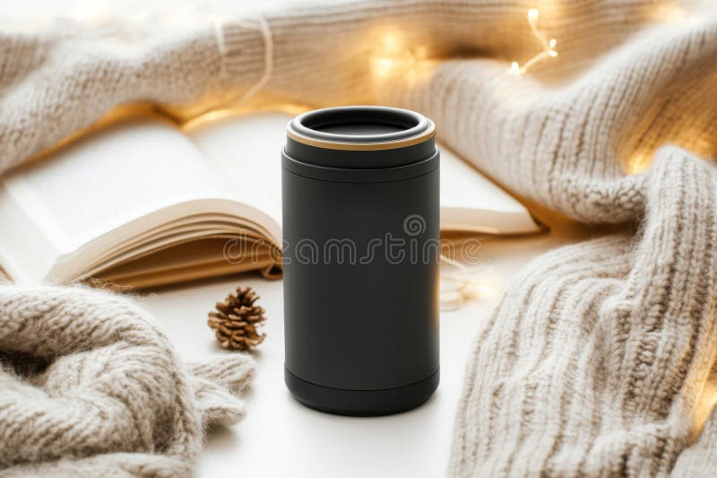 A Cozy Workspace with a Thermal Mug, Open Book, and Soft Knit Sweater ...