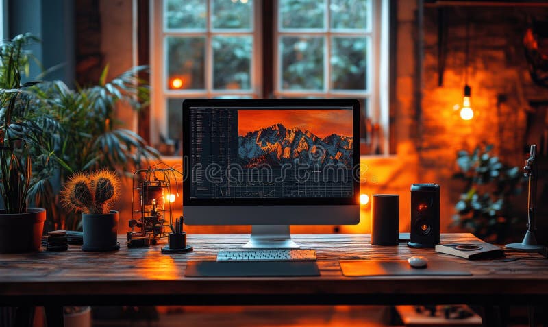 Cozy Workspace Warm Lighting Computer Setup Dusk Stock Photos - Free ...