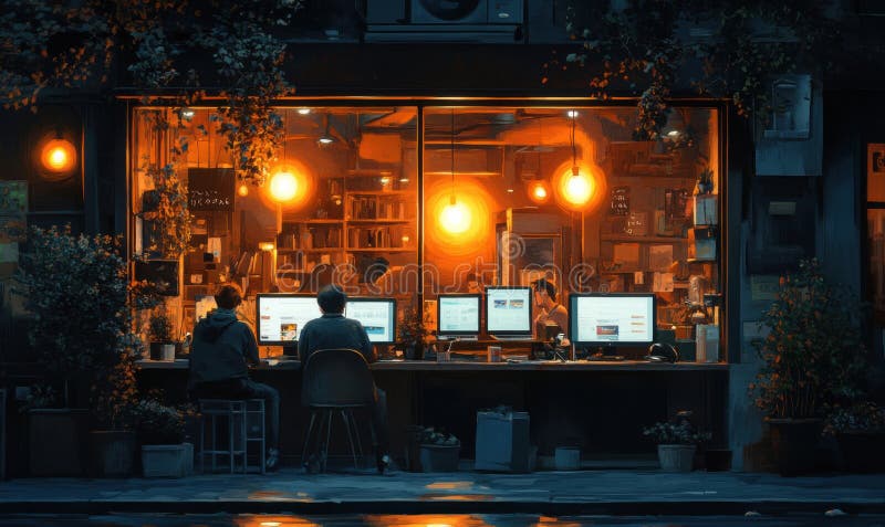 Cozy Workspace with Warm Lighting and Engaged Individuals at Night ...