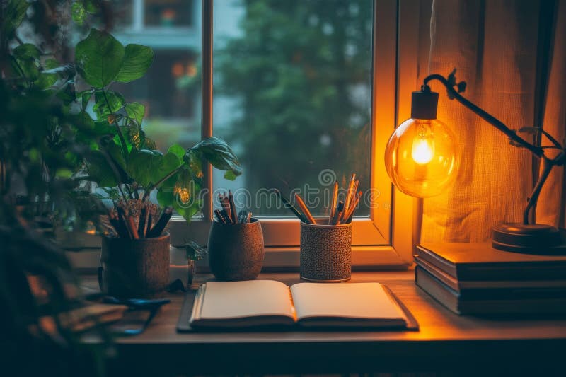 Cozy Workspace with Warm Lighting and Open Notebook by a Window with ...