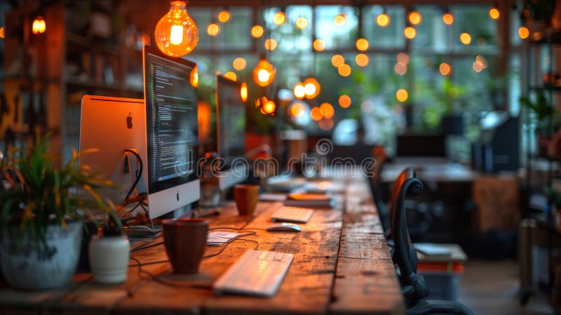 Cozy Workspace with Warm Lighting.Serene Sanctuary Stock Illustration ...
