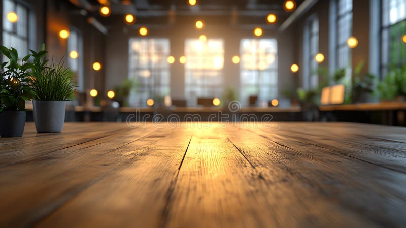 Cozy Workspace with Wooden Table, Plants, and Warm Lighting in a Modern ...