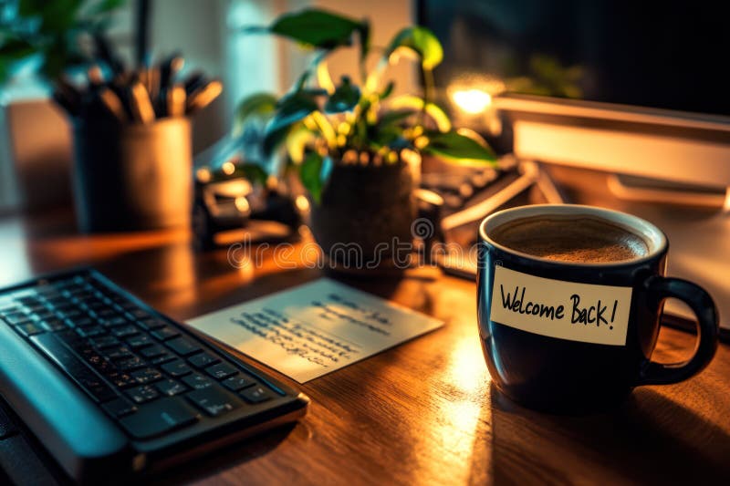Cozy Workstation Setup Featuring Coffee Cup, Keyboard, and Plants ...