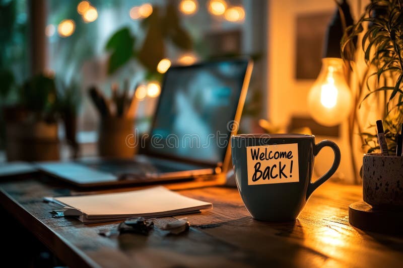 Cozy Workstation Setup Featuring Coffee Cup, Laptop, and Warm Lighting ...