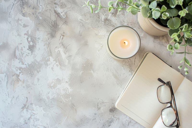 A Cozy Writing Space with a Lit Candle and Open Notebook Stock Photo ...