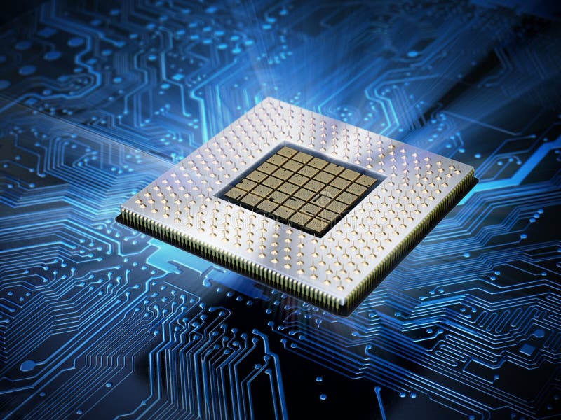 CPU with Blue Light on the Mainboard. 3D Illustration Stock ...