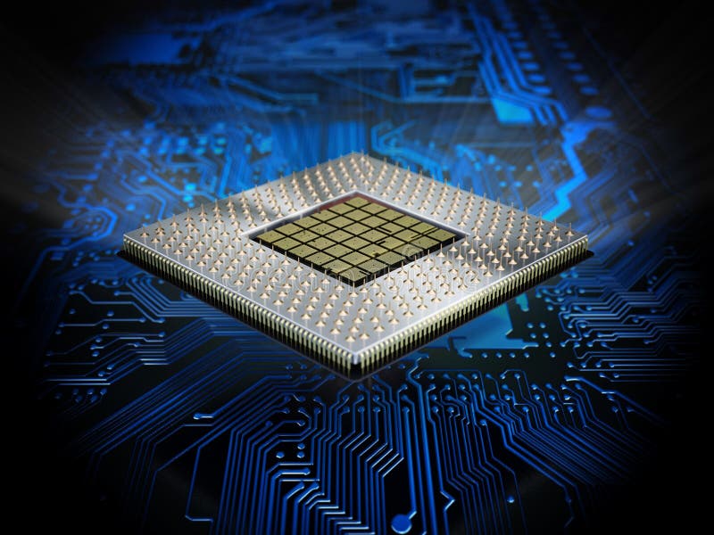 CPU with Blue Light on the Mainboard. 3D Illustration Stock ...