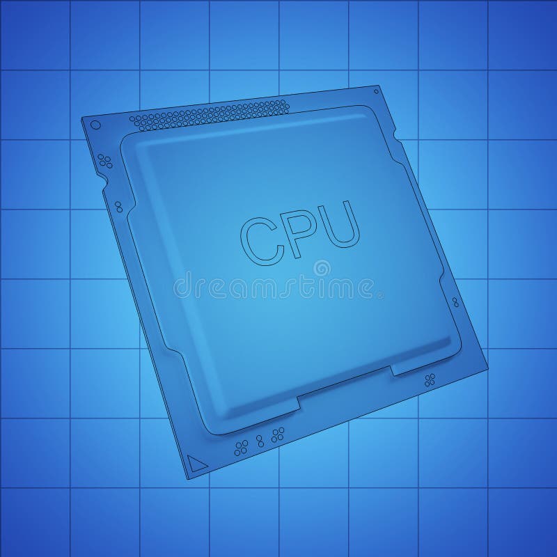 CPU Blue Print, Thin Line Illustration, Black Outline Symbol on Blue ...