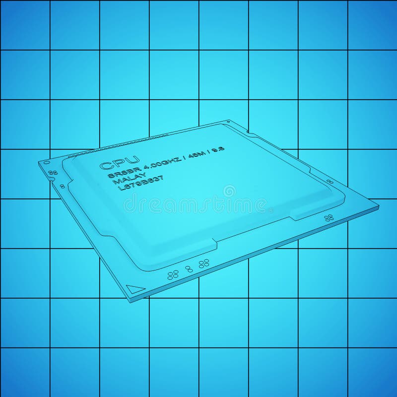 CPU Blue Print, Thin Line Illustration, Black Outline Symbol on Blue ...
