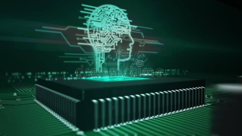 CPU on Board with Ai Head Hologram Stock Photo - Image of background ...