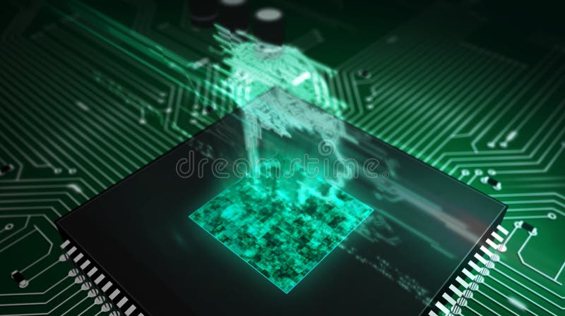 CPU on Board with AI Head Symbol Hologram Display Stock Illustration ...