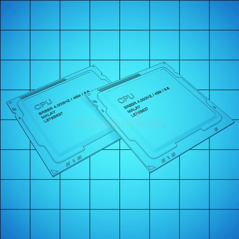 CPU Bplueprint on Grid, Black Outline, 3d Rendering Stock Illustration ...