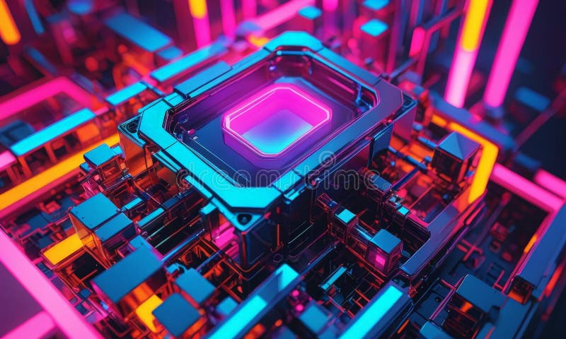 Cpu with Bright Blue and Pink Light Stock Illustration - Illustration ...