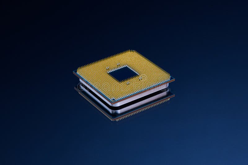 Pin Side of CPU Central Processing Unit or Microchip Computer Isolated on Dark Blue Background ...