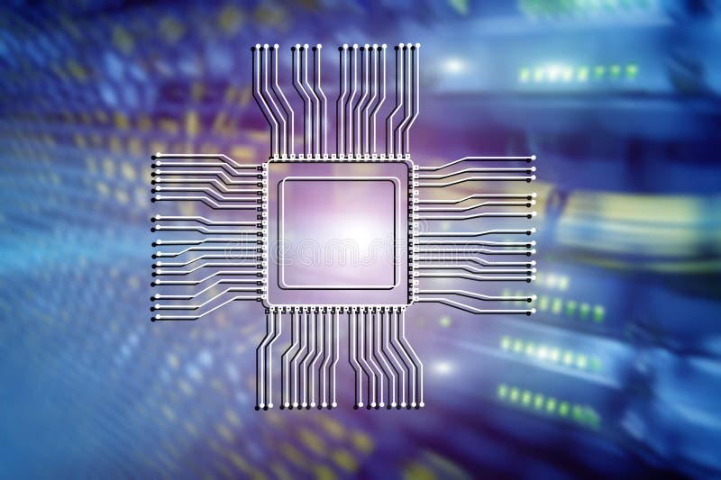 CPU Chip Logo On Blurred Abstract Server Room Background. Technology ...