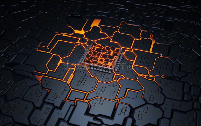 CPU Chip on Motherboard. Abstract 3D Render of a Processor Computer ...