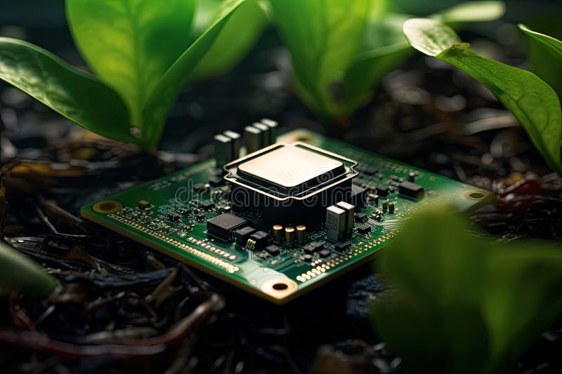 A CPU on a Circuit Board among Green Leaves Stock Illustration ...