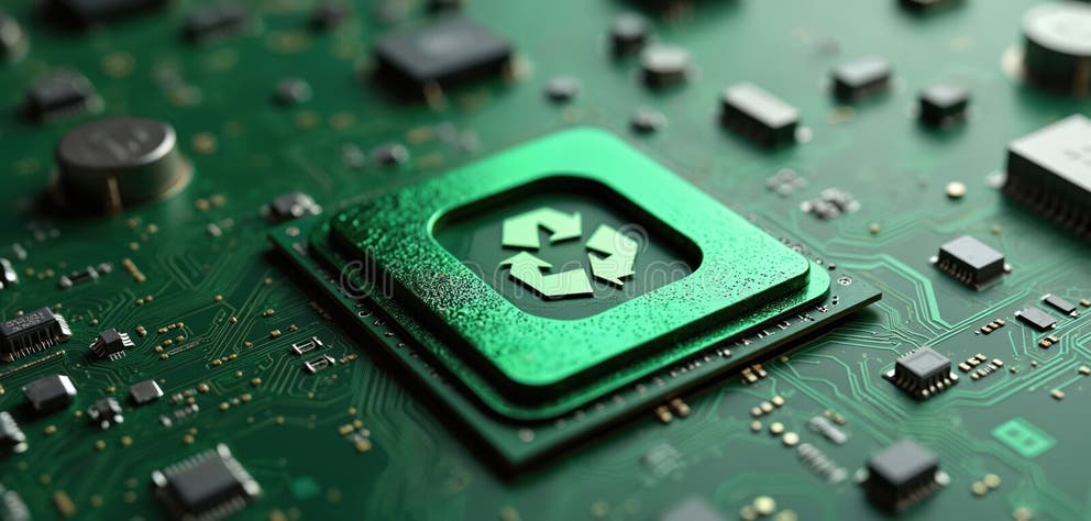 CPU Circuit Board with Recycle Symbol. Green Computing Concept, Reusing Technology for Eco ...
