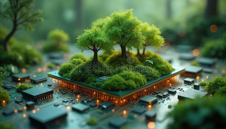 CPU Circuit Board with Trees, Grass. High Tech Information Technologies ...
