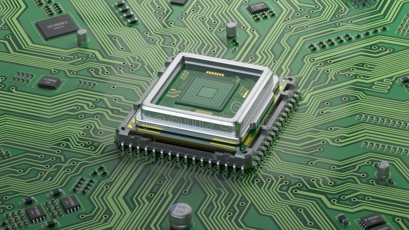 CPU Computer Processor on Circuit Board Data Processing and AI Artificial Intelligence. 3d ...