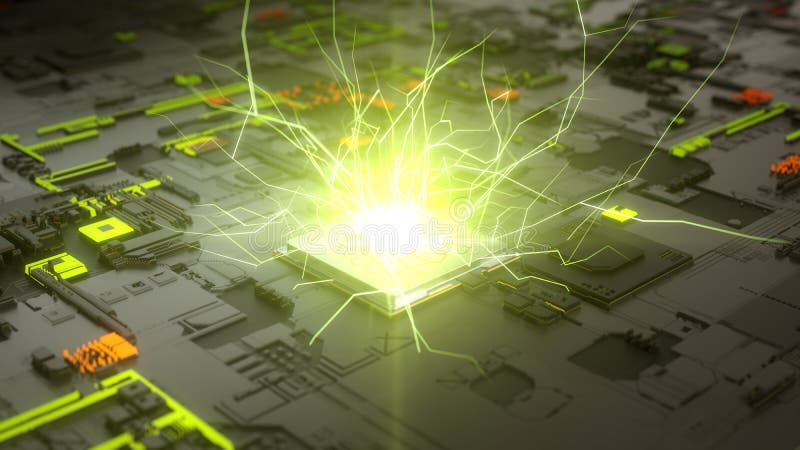 Cpu Concept with Green Electric Arcs and Light Beam on Processor. 3D ...