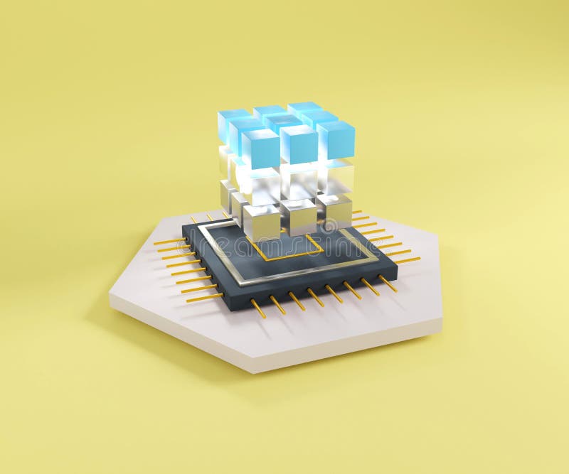CPU 3D Illustration on Yellow Background. Futuristic Microchip ...