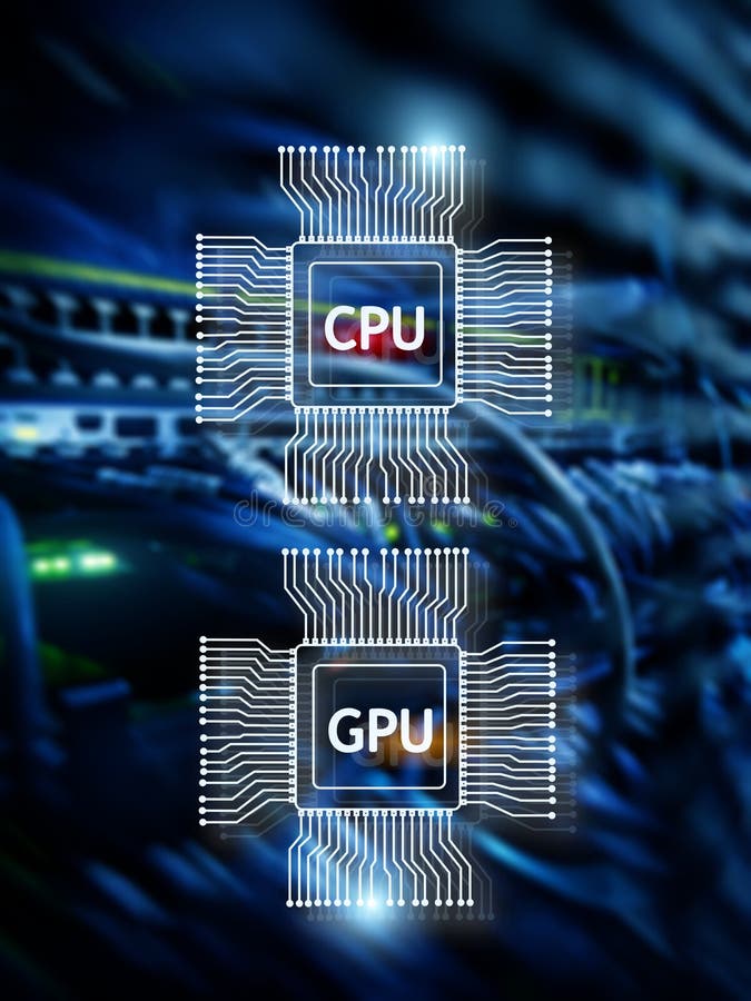 CPU and GPU Processor Chip Over Digital Datacenter Background Stock ...