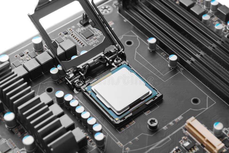 Cpu op motherboard stock foto. Image of bewerker, microchips - 26790004