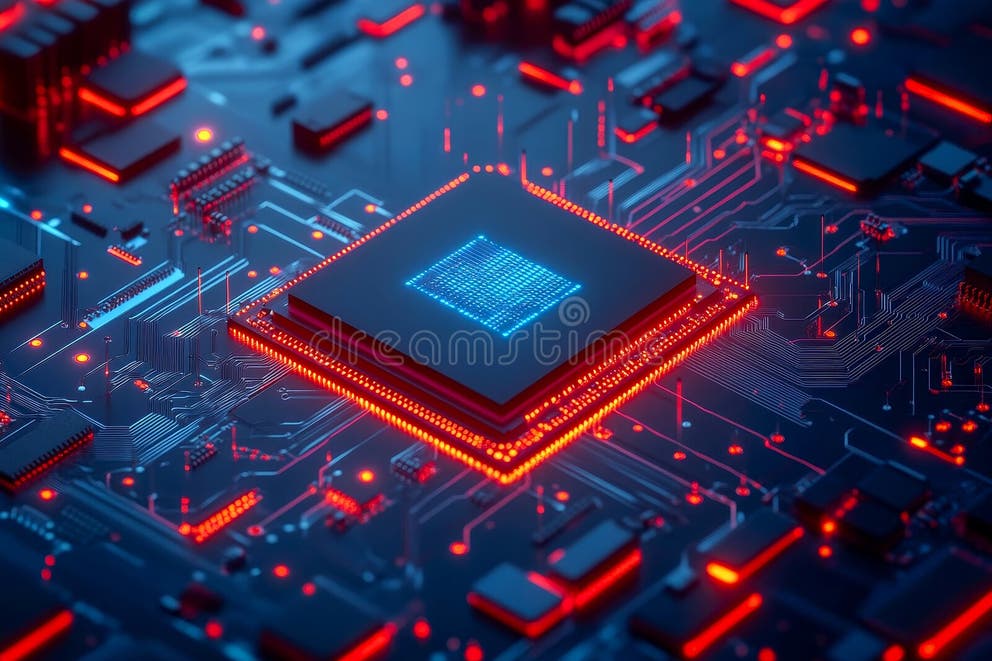 Cpu Processes Data, Illuminating a Motherboard with Blue and Gold ...