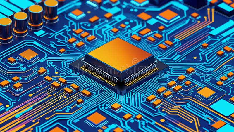 Cpu Processing Data on Futuristic Circuit Board with Neon Lights Stock ...