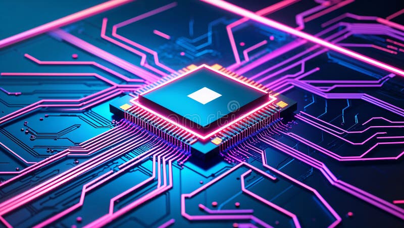 Cpu Processing Data on Futuristic Motherboard with Neon Lights Stock ...
