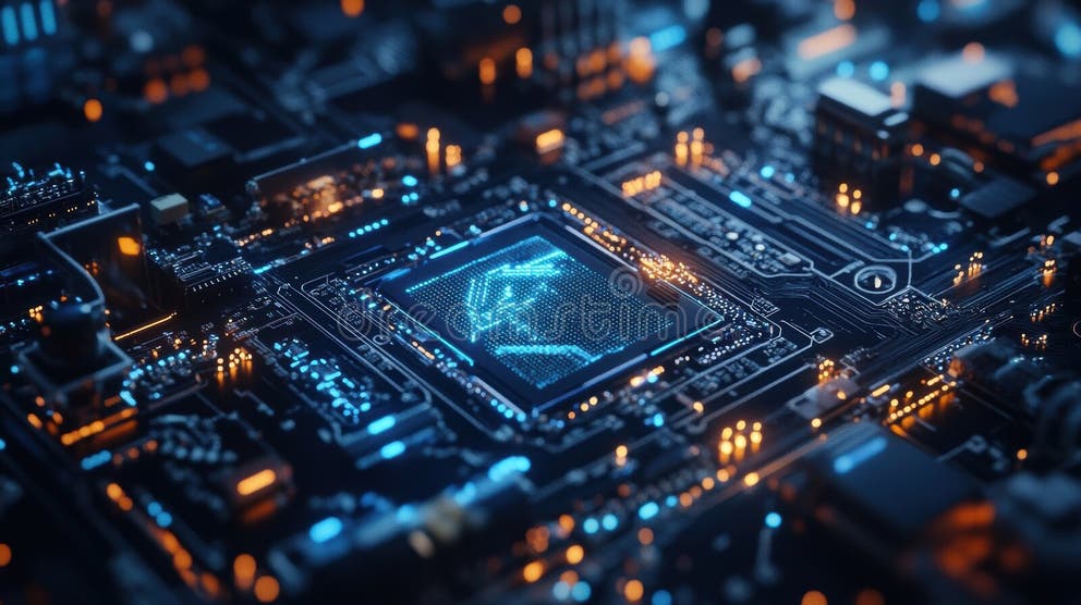 Cpu Processing Data on Motherboard with Futuristic Lights, Artificial ...