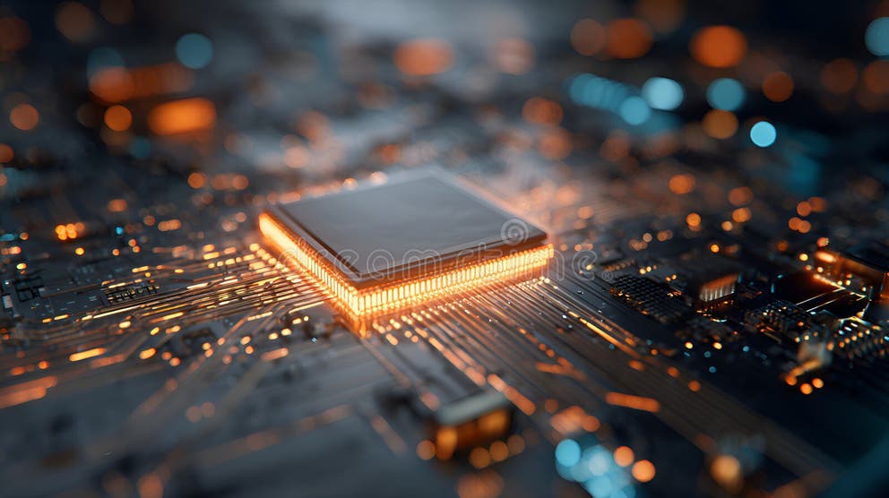 Cpu Processing Data on Motherboard with Orange Lights Stock Image - Image of integrated, power ...