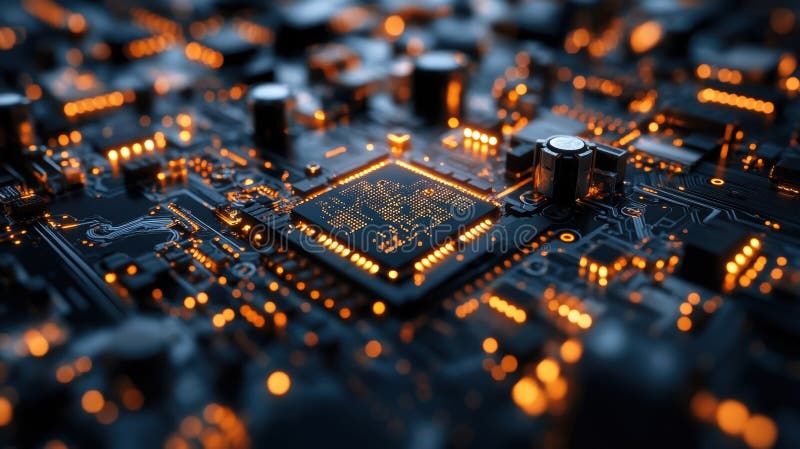 Cpu Processing Data on Motherboard with Orange Lights Stock ...