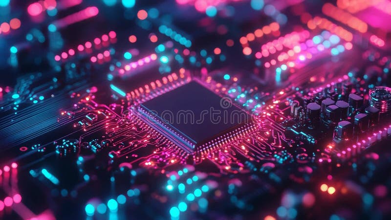 Cpu Processing Data on Motherboard with Pink and Blue Lights Stock ...