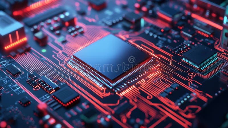 Cpu Processing Data on Motherboard with Red Circuits Stock Illustration ...