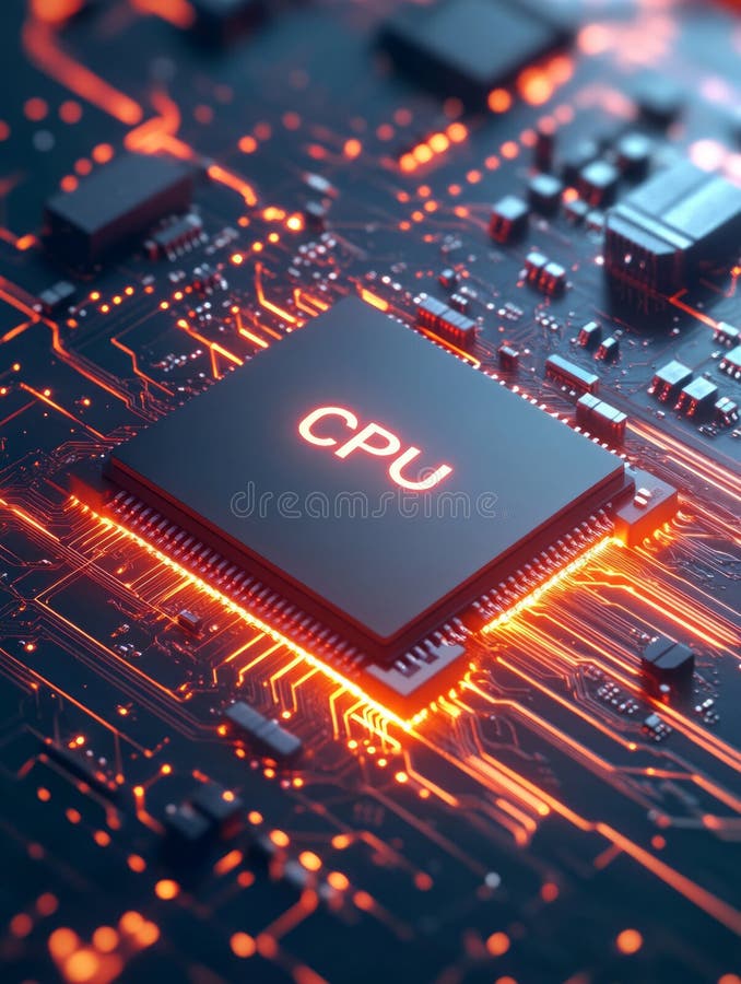 CPU Processor on Circuit Board with Glowing Red Traces Stock ...