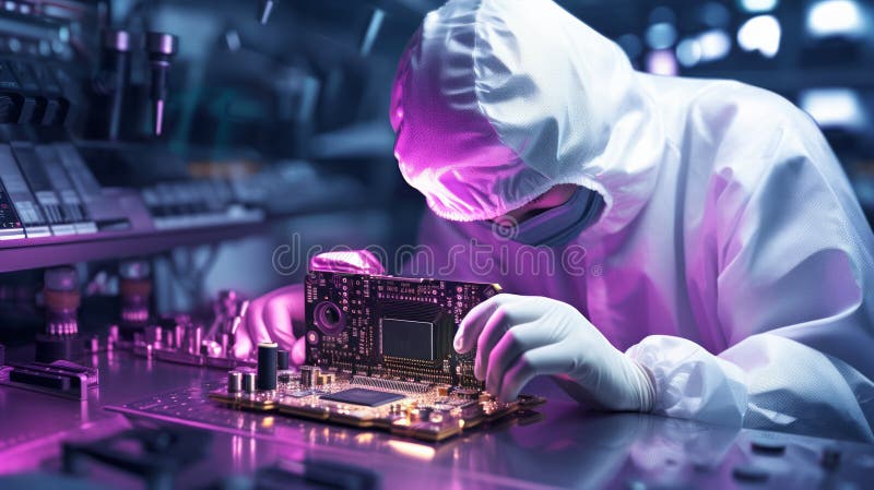 CPU Processor on Modern Motherboard in Service Shop with Purple Light ...