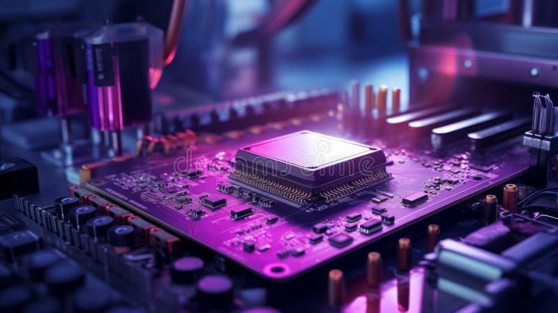 CPU Processor on Modern Motherboard in Service Shop with Purple Light ...
