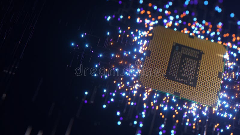 CPU Processor Sends Data. Neon Particles. the Concept of Data Transfer ...