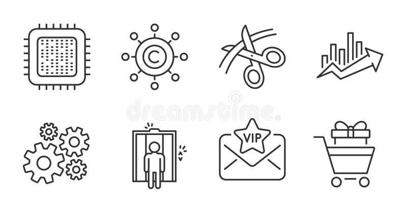 Cpu Processor, Vip Mail and Cogwheel Icons Set. Elevator, Shopping ...