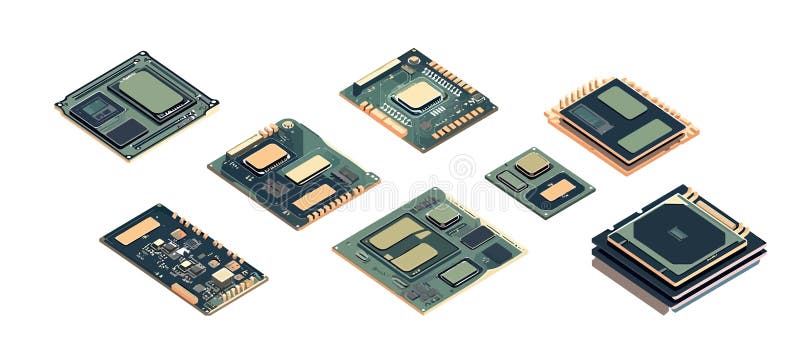CPU Set Flat Cartoon Isolated on White Background. Vector Isometric ...