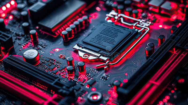 CPU Socket on Motherboard with Red Lights, Close-up View Stock ...